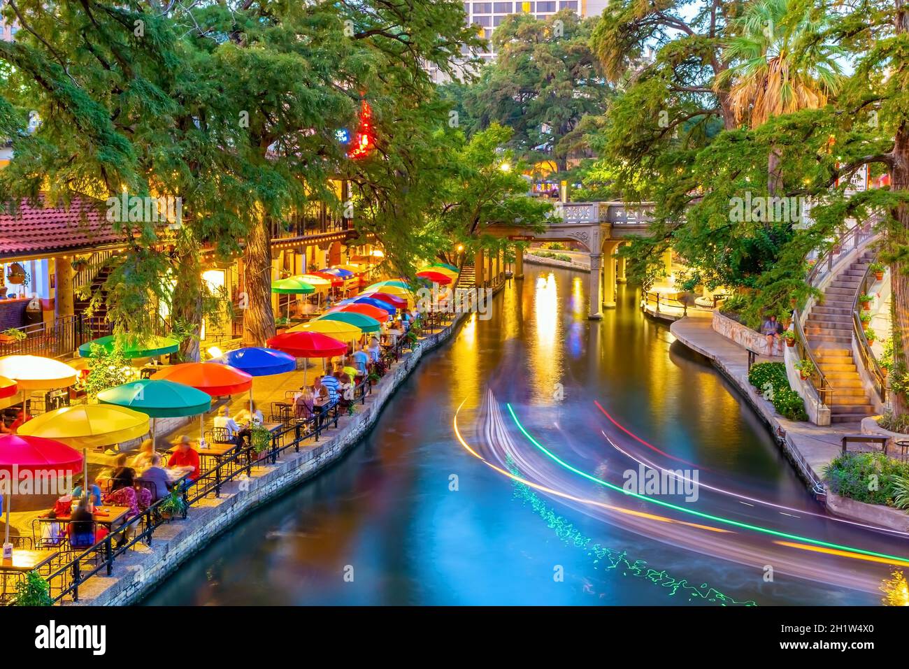 River walk in San Antonio city downtown skyline cityscape of Texas USA ...