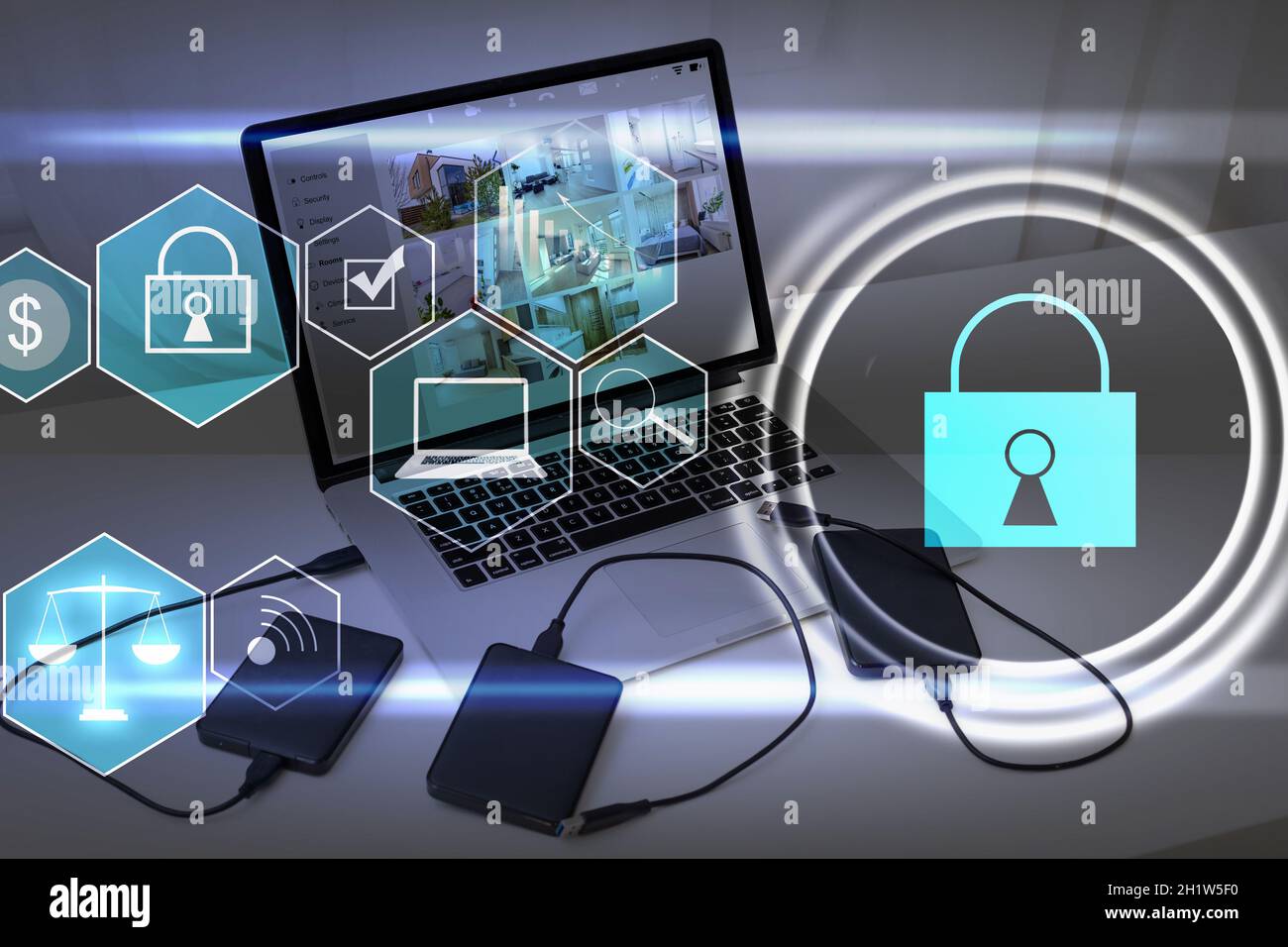 Digital cybersecurity and network protection concept. Virtual locking ...
