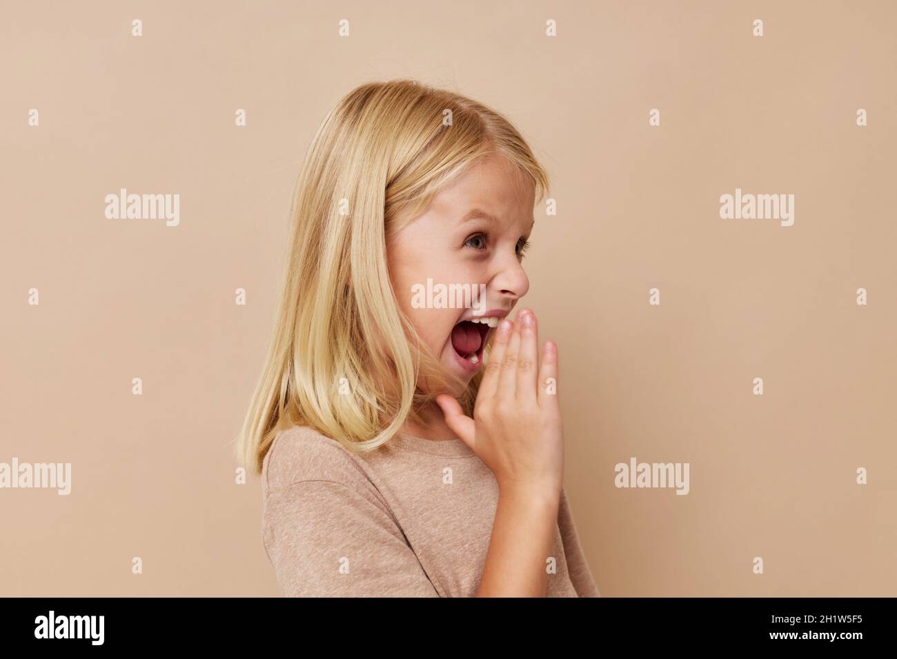 happy cute girl gestures with his hands lifestyle concept Stock Photo ...