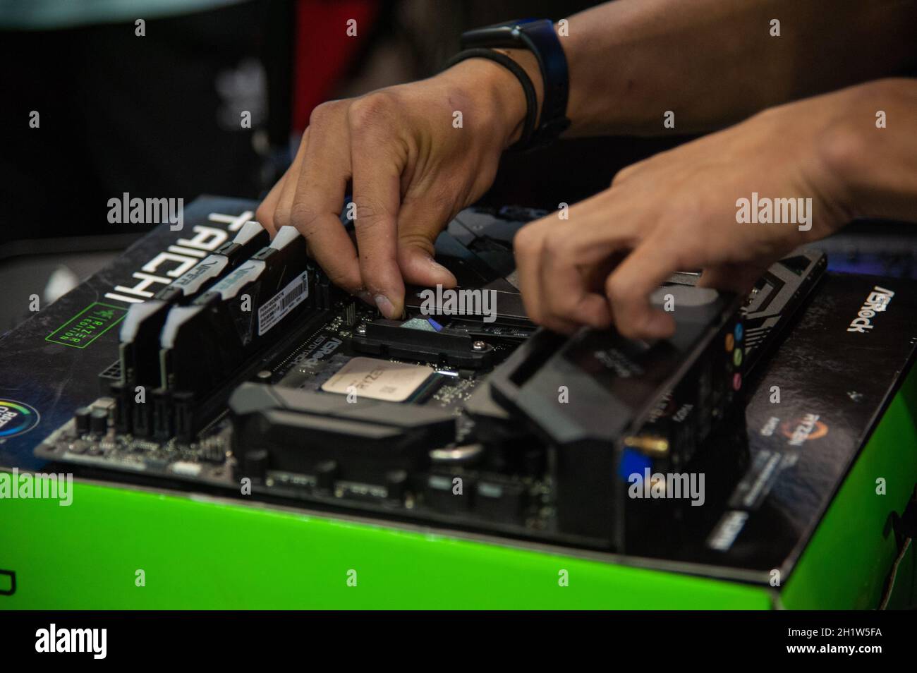 Bogota, Colombia, October 18, 2021. Building process of an Asrock ...