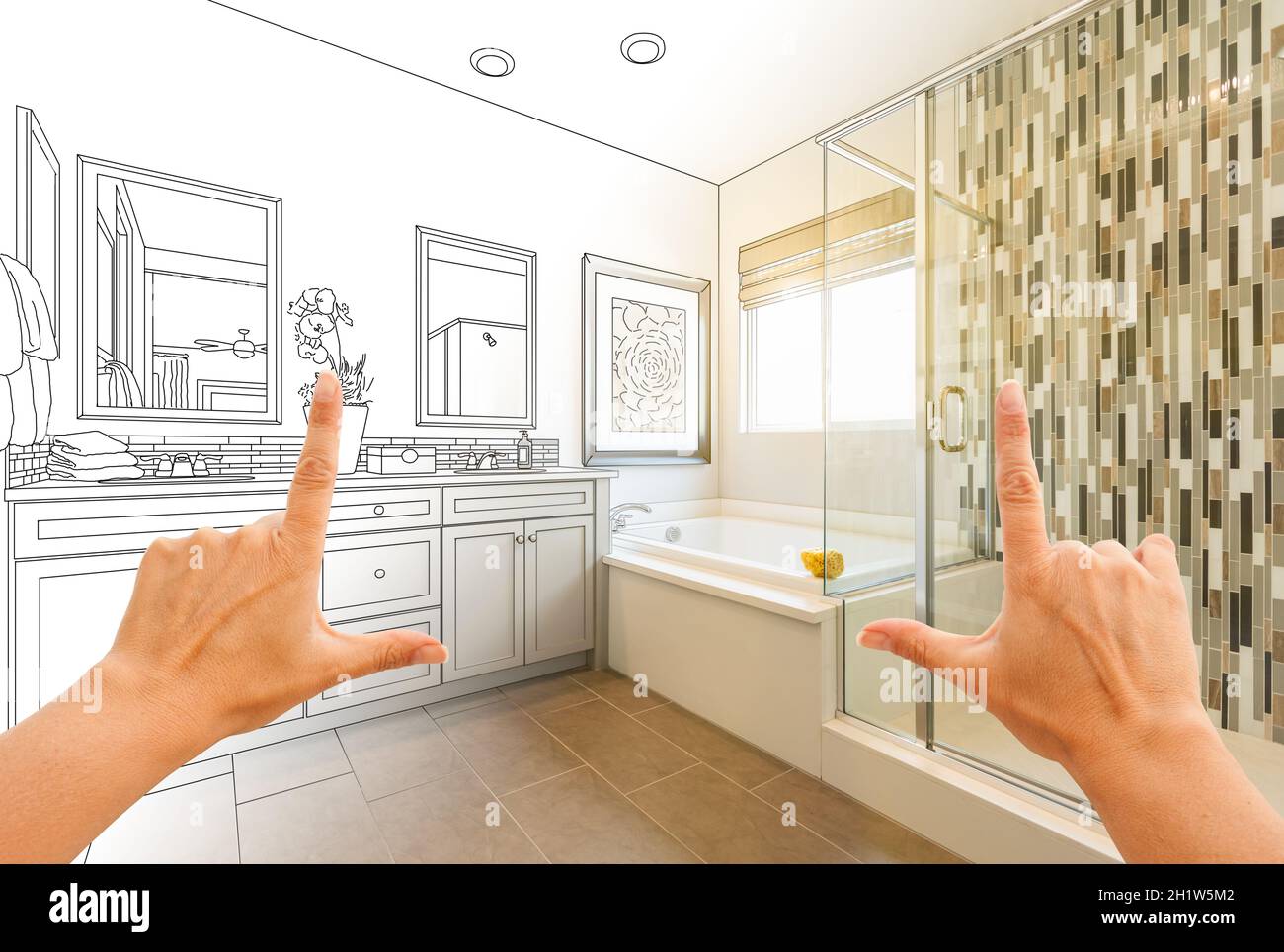 Hands Framing Custom Master Bathroom Drawing and Photo Gradation Stock ...