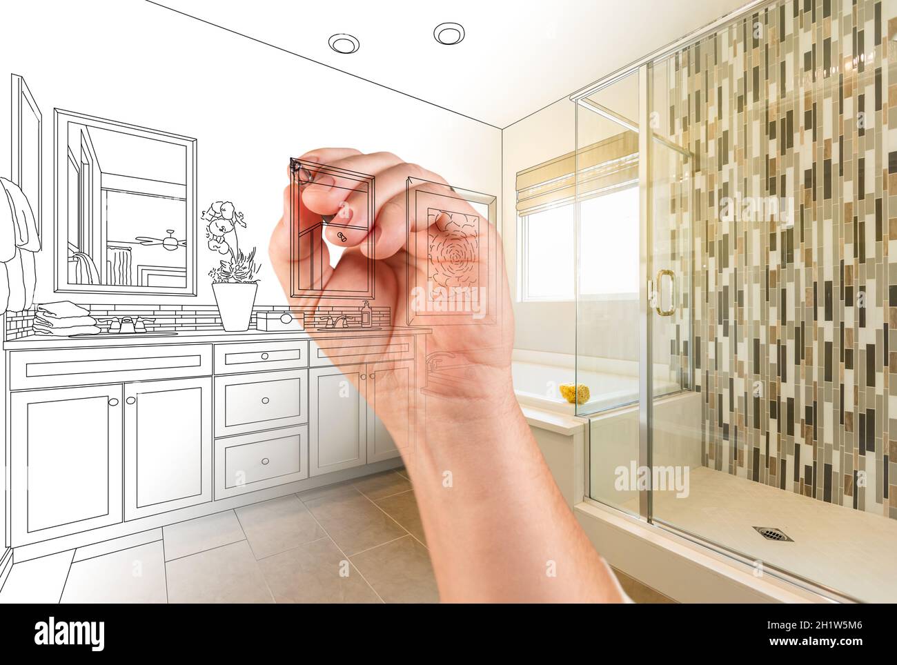 Hand Drawing Custom Master Bathroom with Photo Gradation Stock Photo ...
