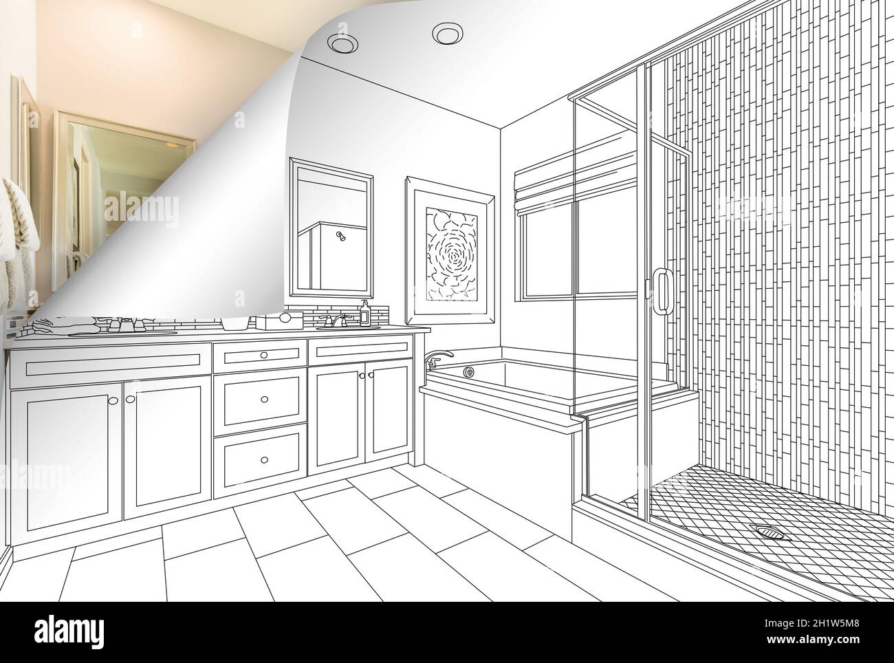Master Bathroom Drawing Page Corner Flipping with Photo Behind Stock ...