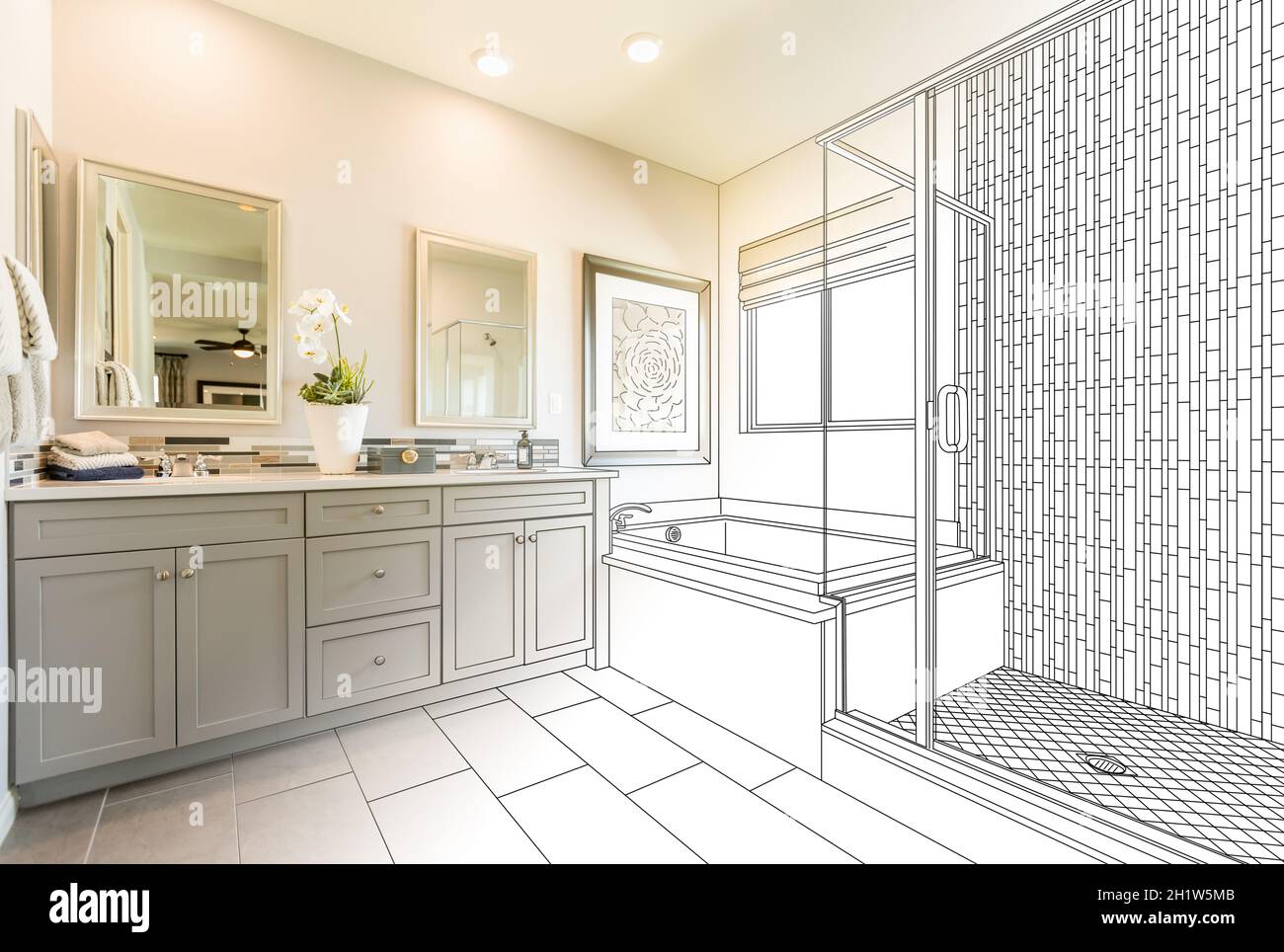 Custom Master Bathroom Design Drawing Gradating to Finished Photo Stock ...