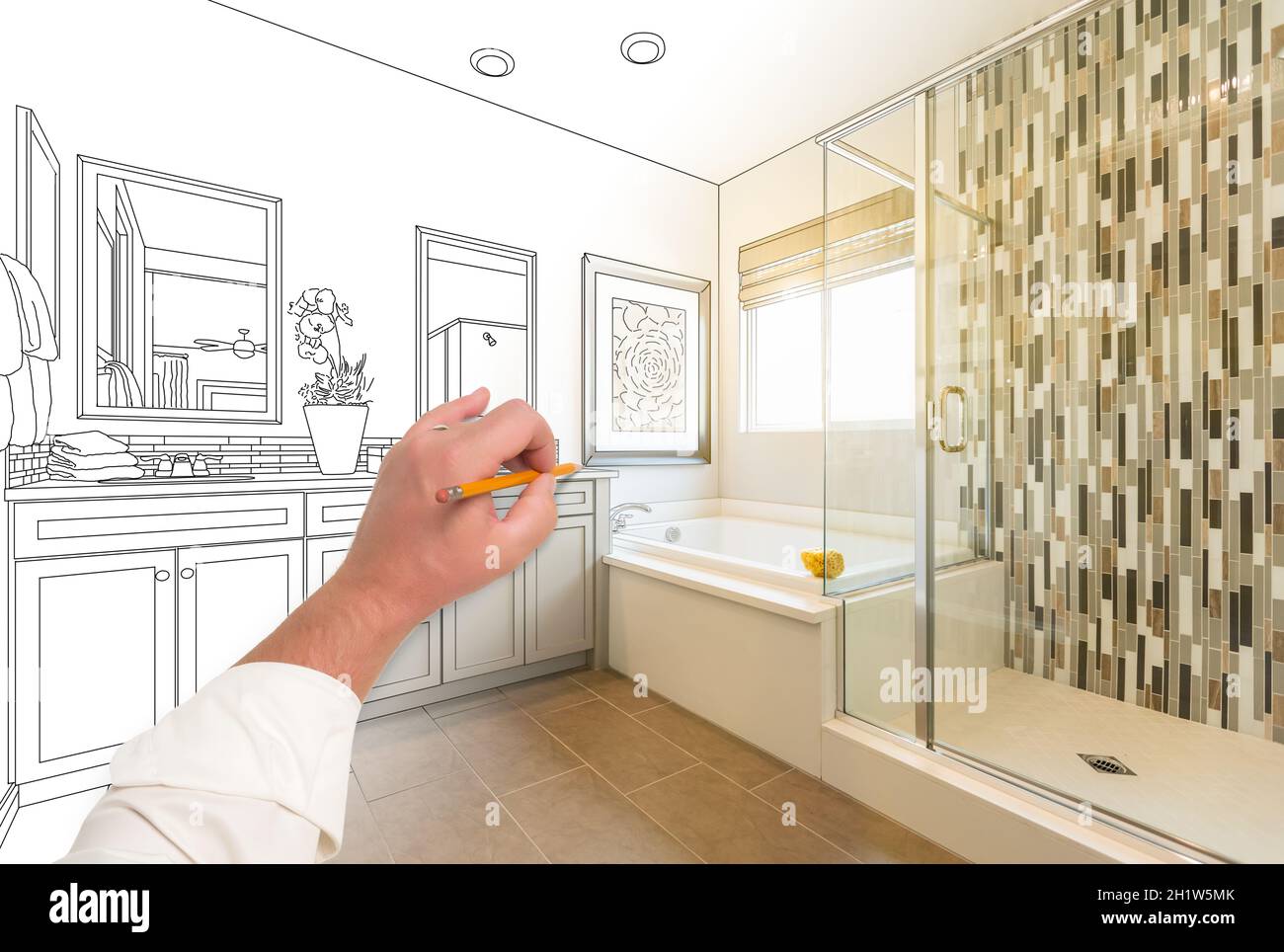 Hand Drawing Custom Master Bathroom with Cross Section of Finished ...