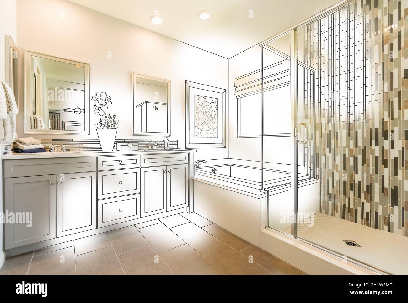 Custom Master Bathroom Photo With Brush Stroke to Design Drawing Stock ...