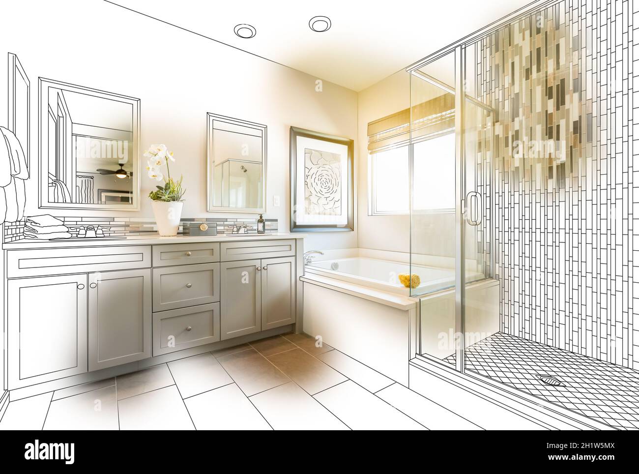 Custom Master Bathroom Design Drawing With Brush Stroke Revealing ...