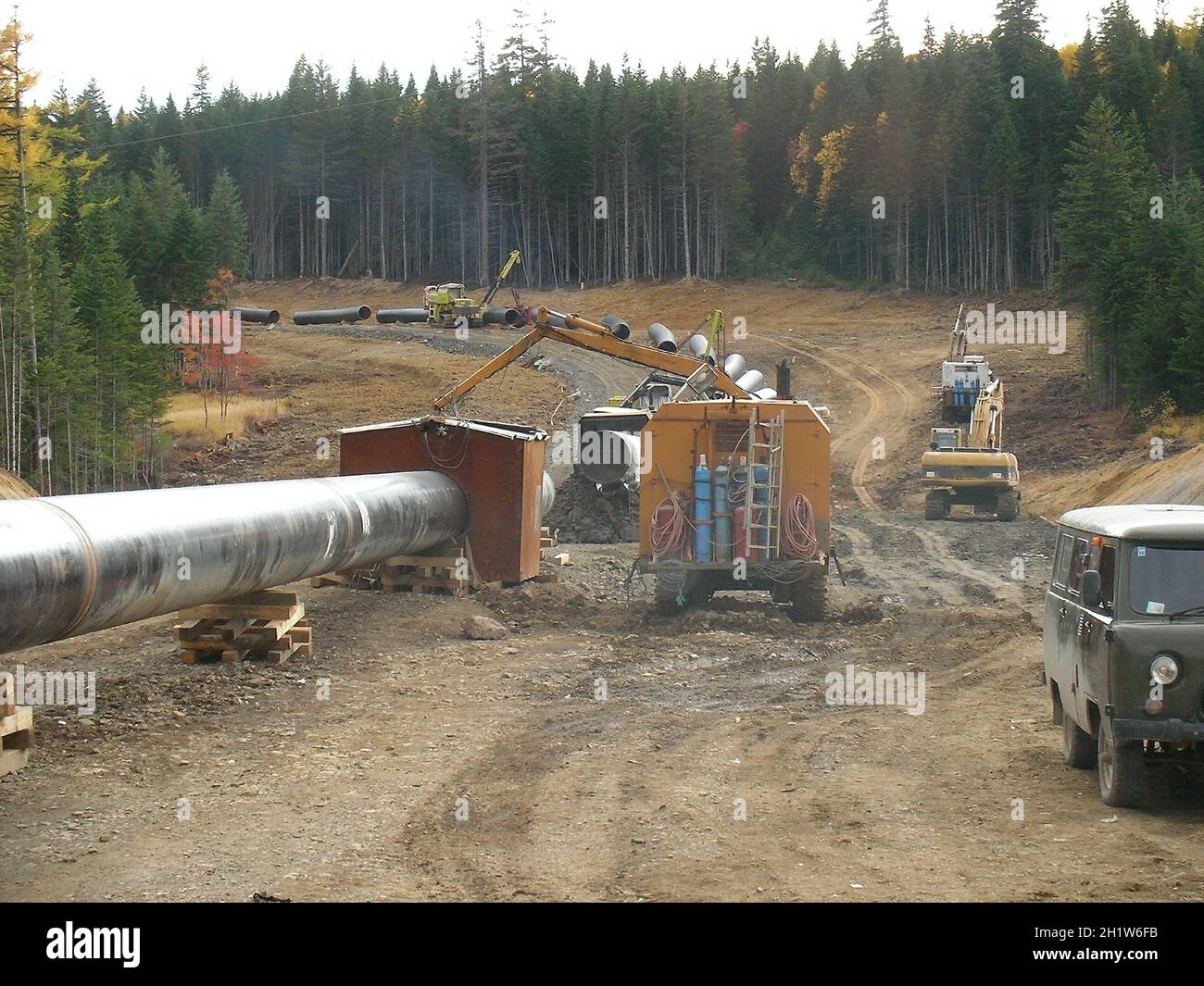 Construction of the gas pipeline on the ground. Transportation of ...