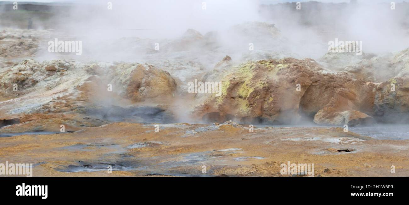 Steaming fumarole in geothermal area of Hverir, Namafjall in northern ...