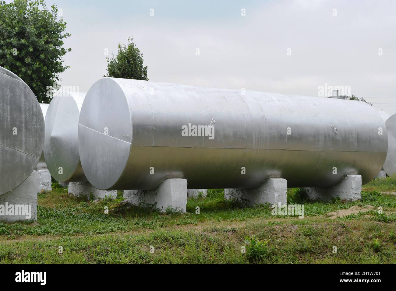 Silver tanks for storage of fertilizers. Agricultural buildings Stock ...