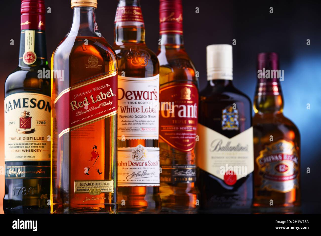 POZNAN, POL - MAY 12, 2021: Bottles of popular global whiskey brands ...