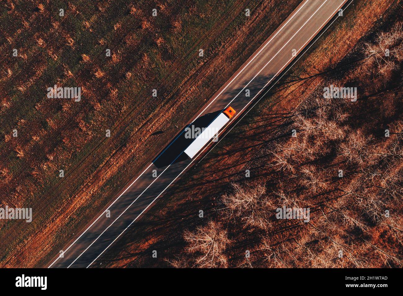 Semi-truck on the road from above, drone photography Stock Photo - Alamy