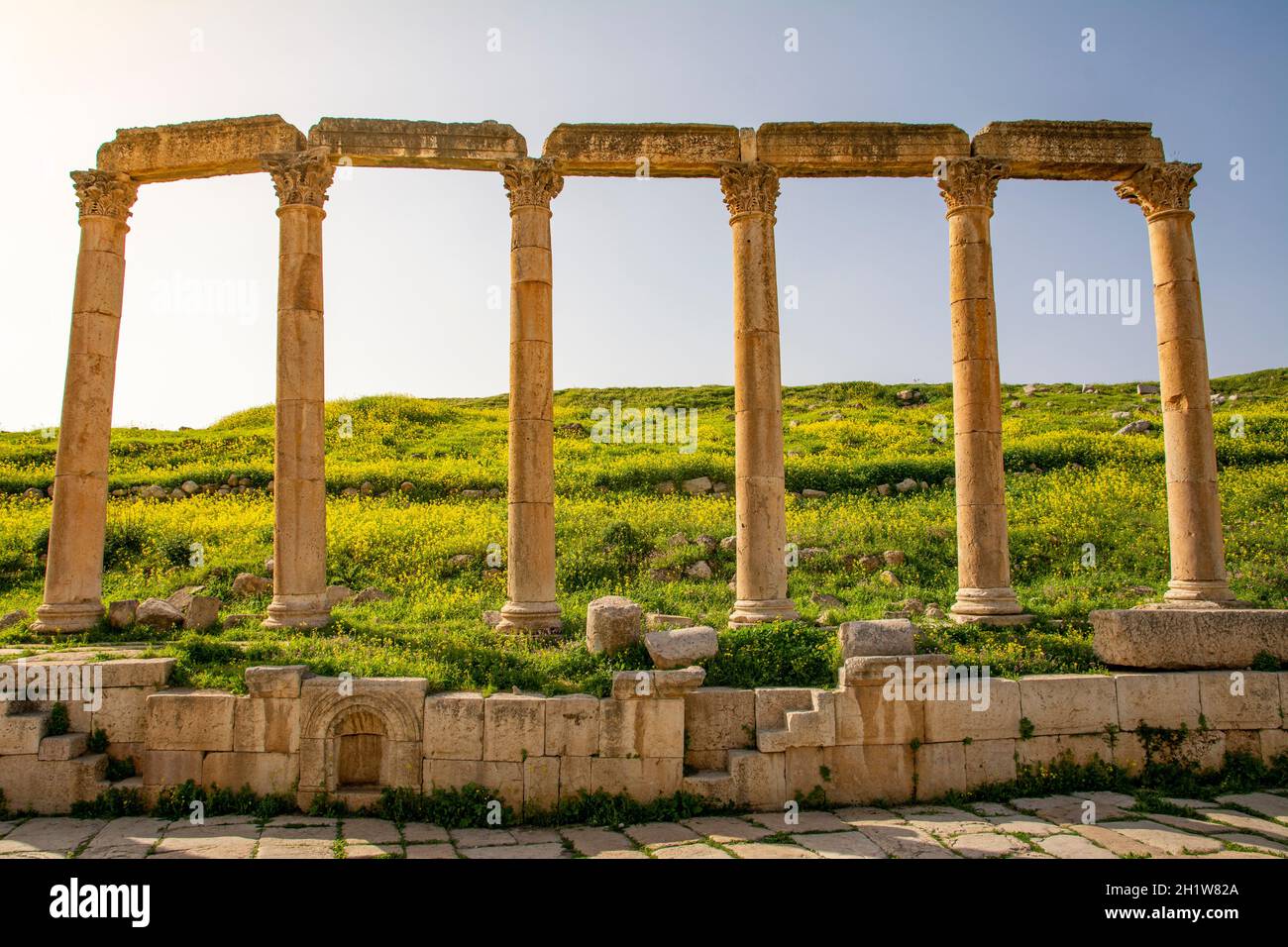 Pillars of the Colonnaded Street at the Roman historical site of Gerasa ...