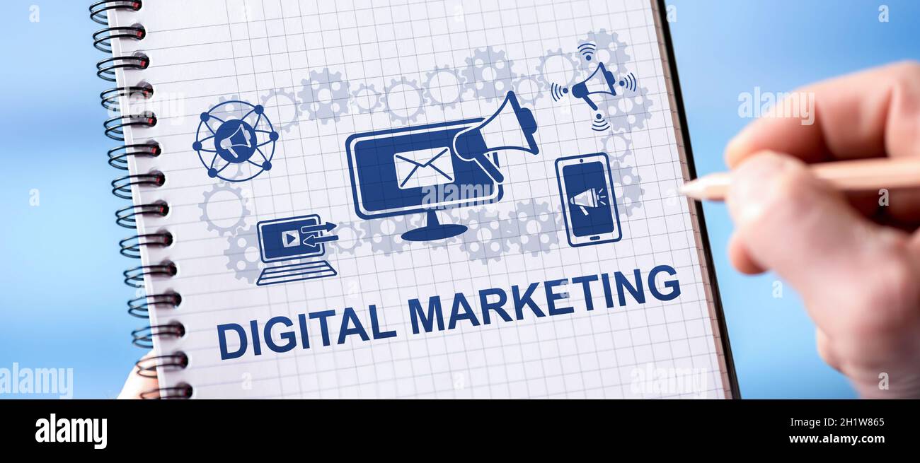 Hand drawing digital marketing concept on a notepad Stock Photo - Alamy