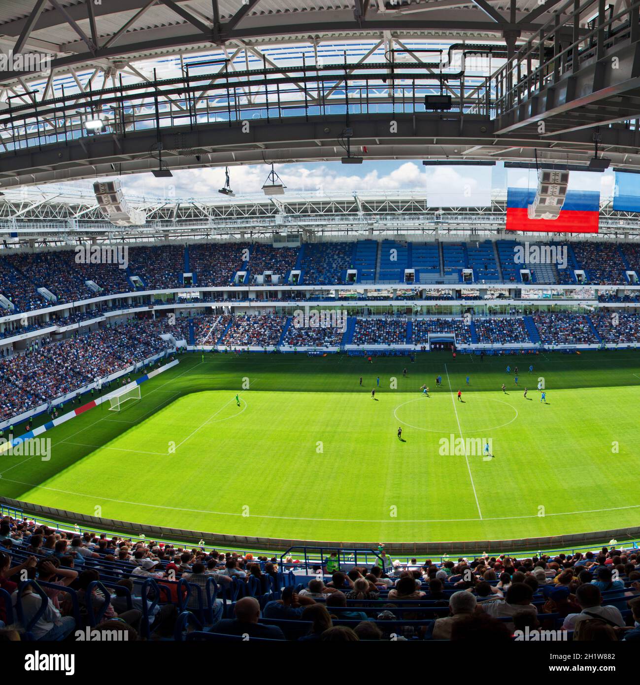 Football stadium, shiny lights, view from field. Soccer concept Stock ...