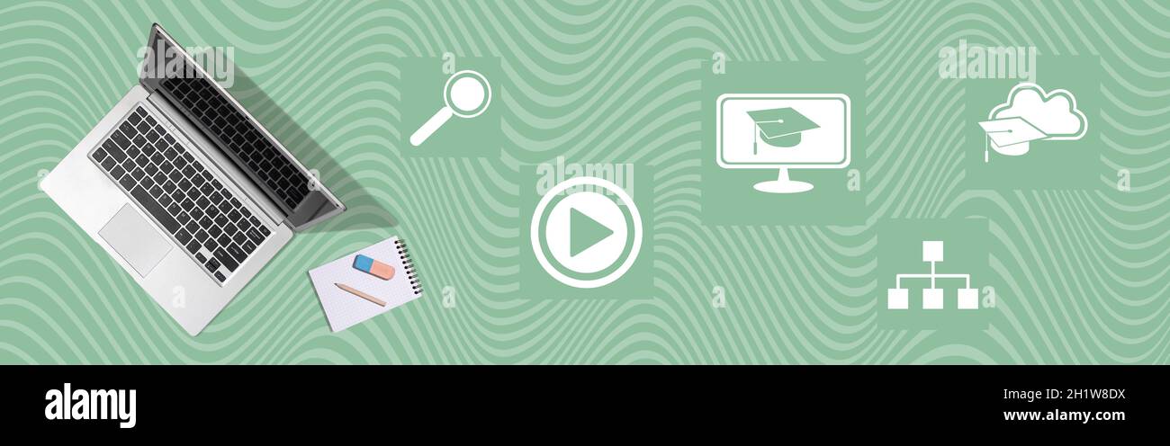 Top view of laptop with symbol of mooc concept Stock Photo - Alamy