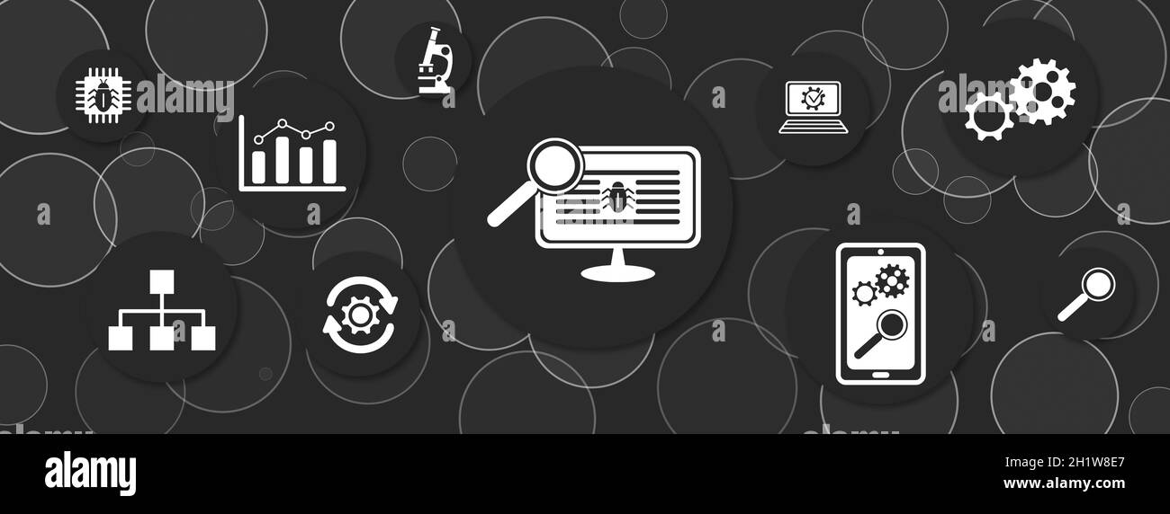 Concept of software testing with icons on circles Stock Photo - Alamy