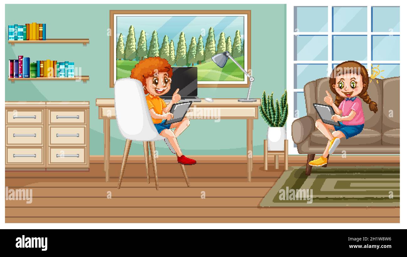 Children learning from home on electronic device illustration Stock ...