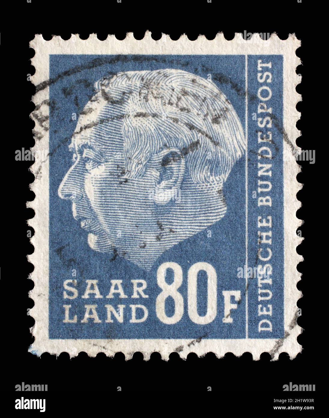 Stamp from Germany area Saar shows portrait of Theodor Heuss (1884-1963 ...