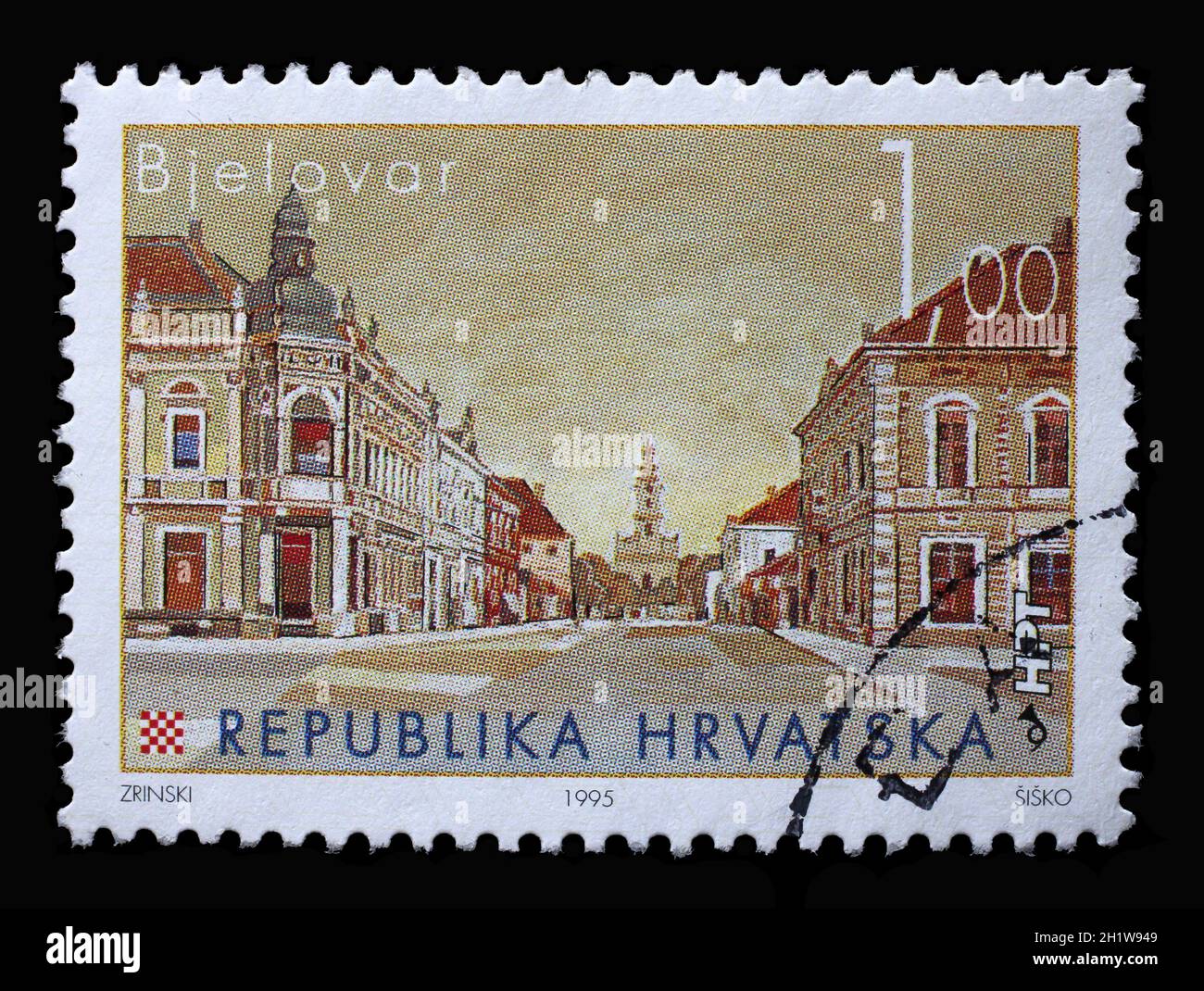 A stamp printed in Croatia shows Zagrebacka Street in Bjelovar, Series ...