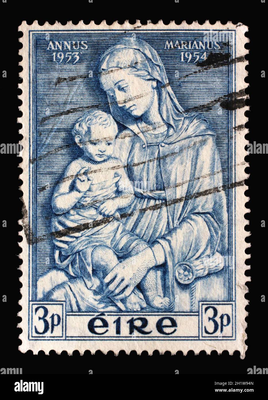 A stamp printed in Ireland shows Madonna by della Robbia, Marian Year ...