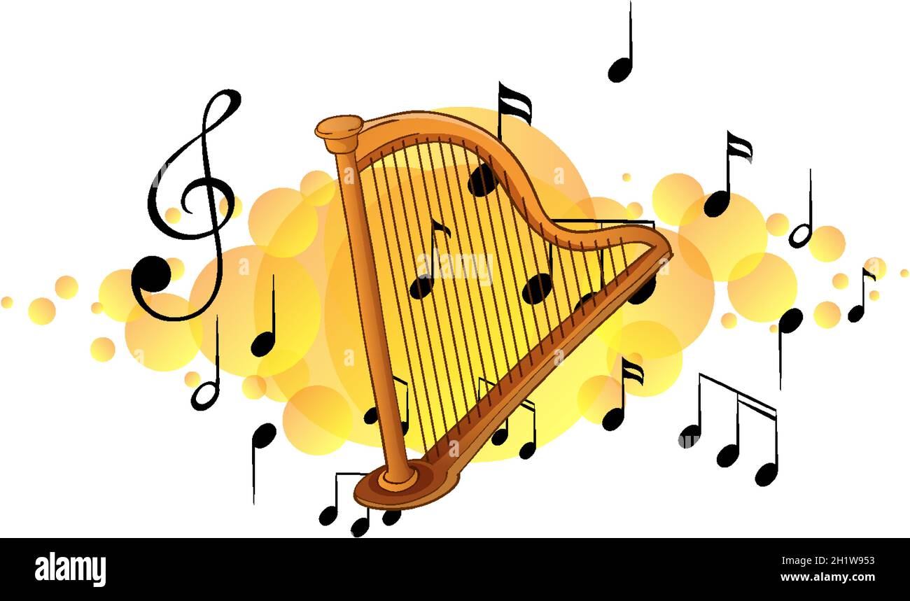 Harp musical instrument with melody symbols on yellow splotch ...