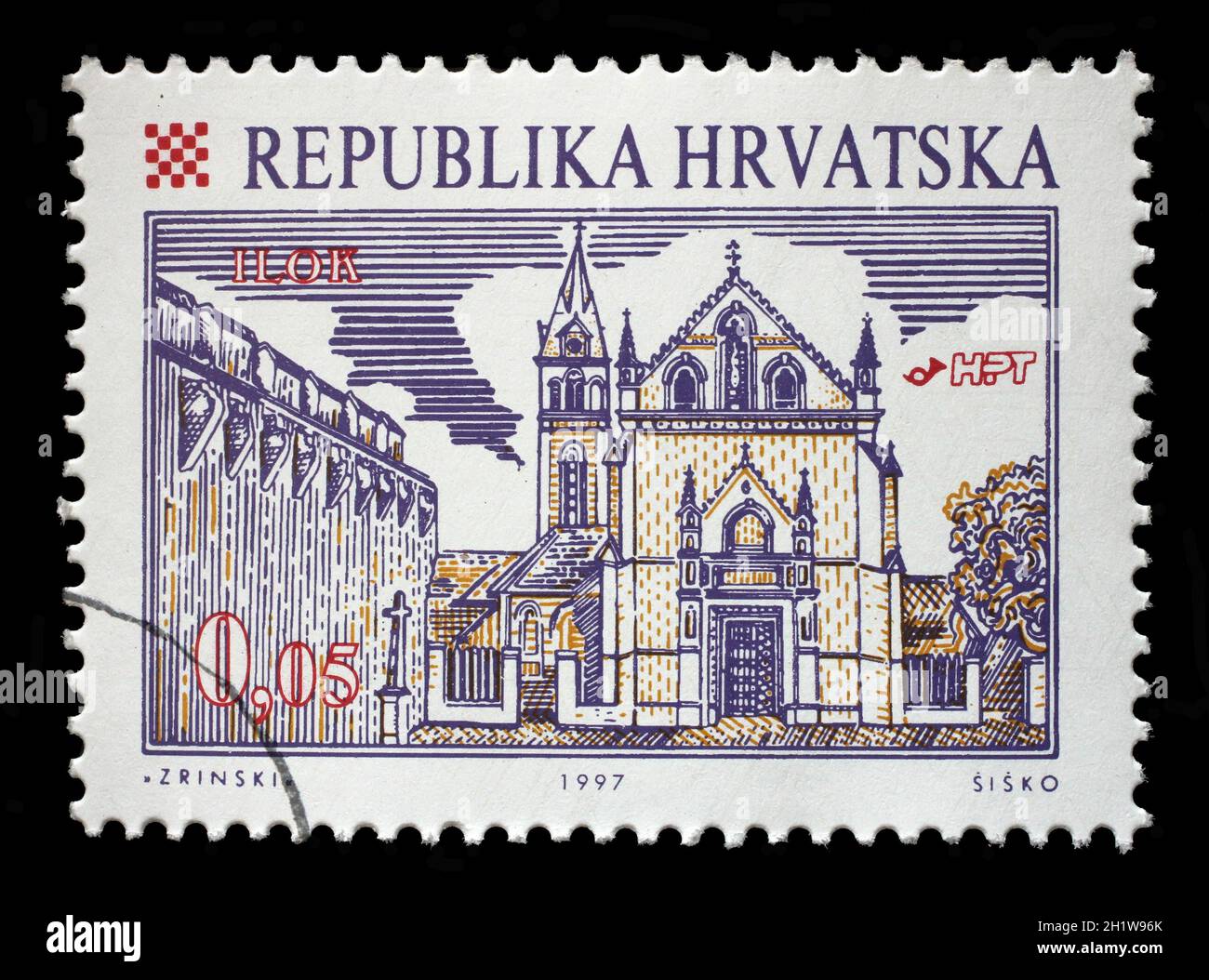 Stamp printed in Croatia shows view of Church, Ilok, Croatian City ...