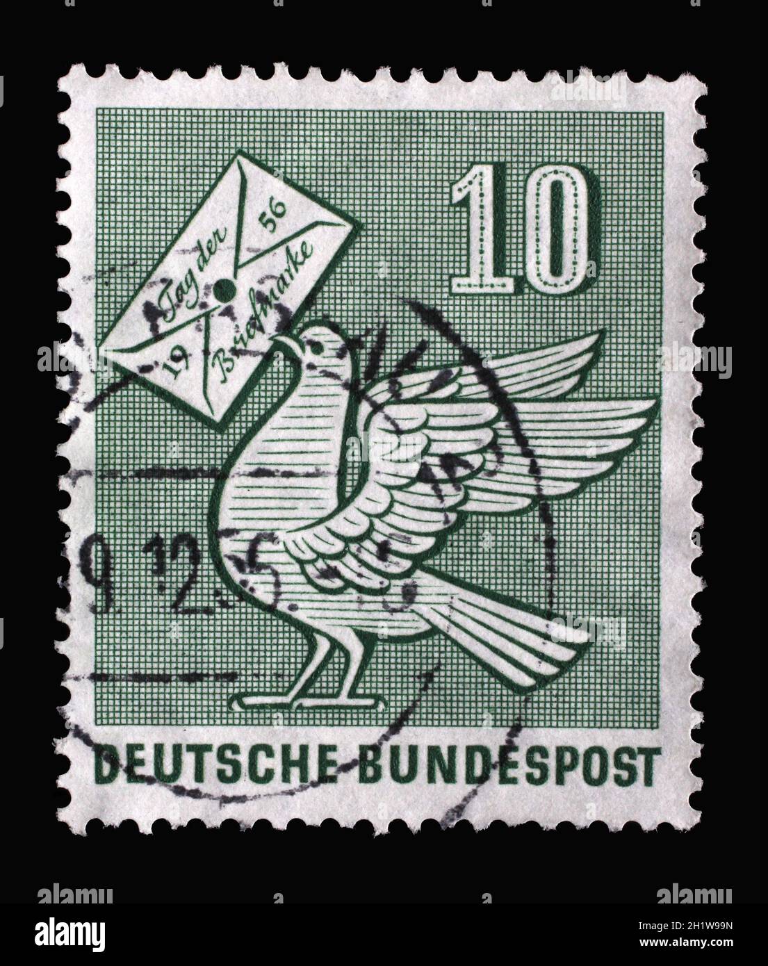 Stamp printed in Germany, shows Pigeon Holding Letter, Day of the Stamp ...
