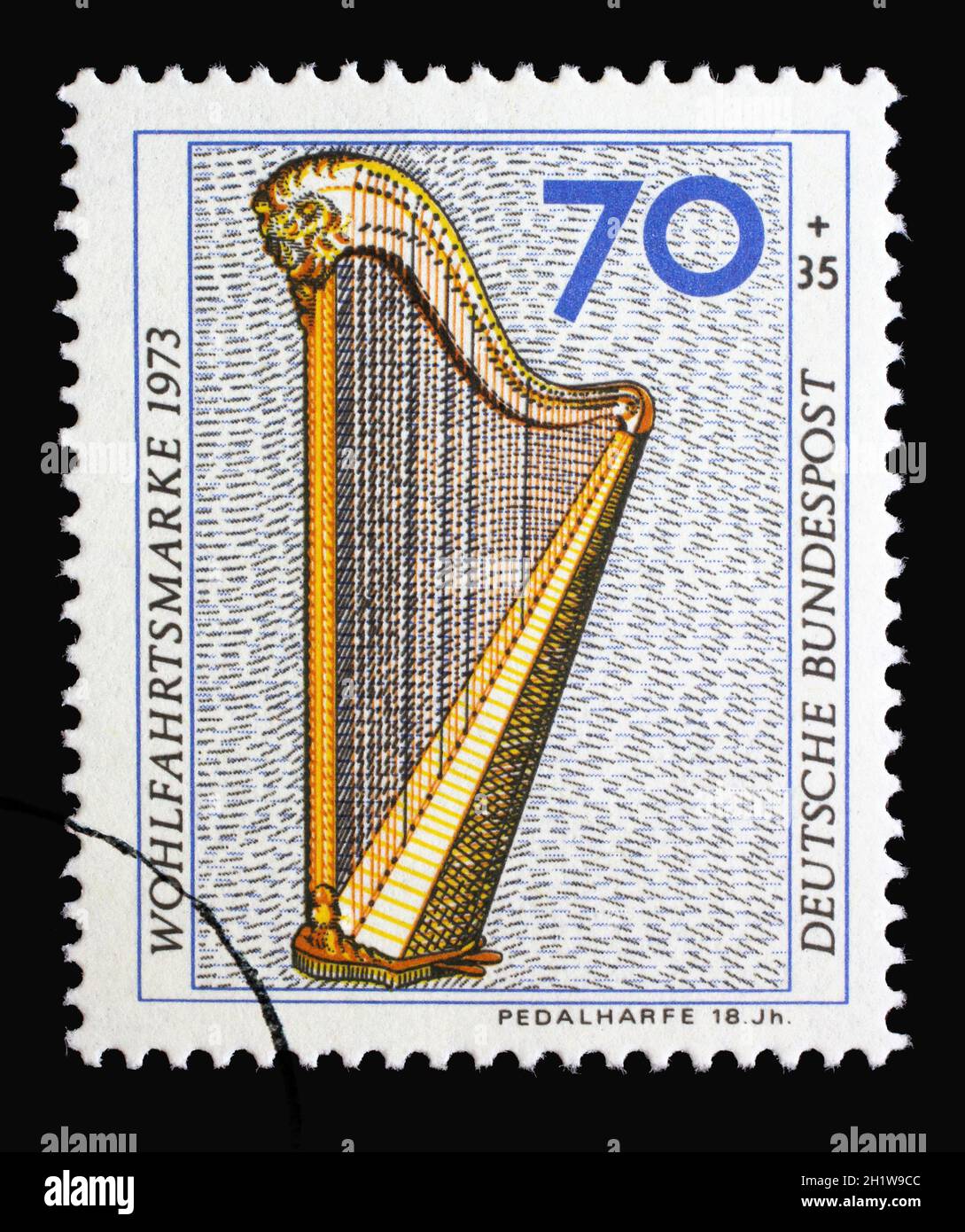 A stamp printed in Germany shows Pedal Harp, 18th Century, Musical ...