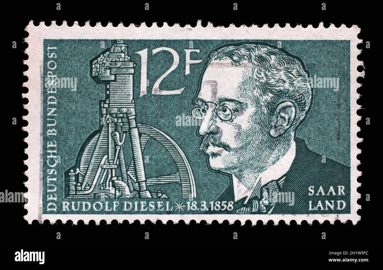 Stamp from Germany area Saar shows portrait of Rudolf Diesel, circa ...