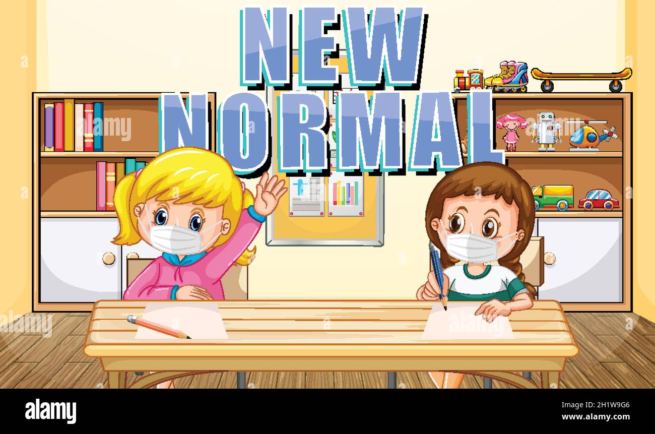New Normal text design with students wearing face masks in the ...