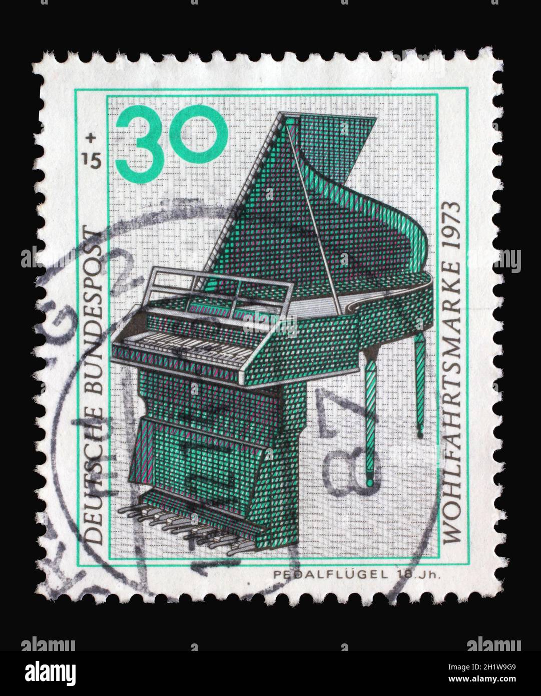 A stamp printed in Germany shows Pedal Piano, Musical Instrument, circa ...