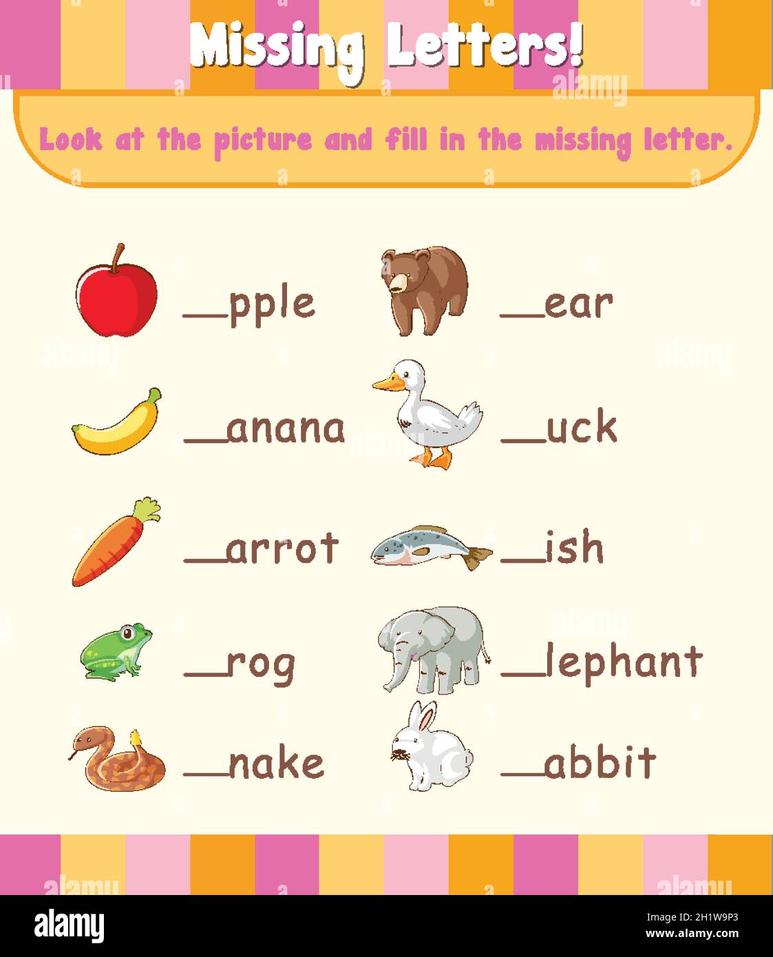 Fill in the missing letter worksheet template illustration Stock Vector ...