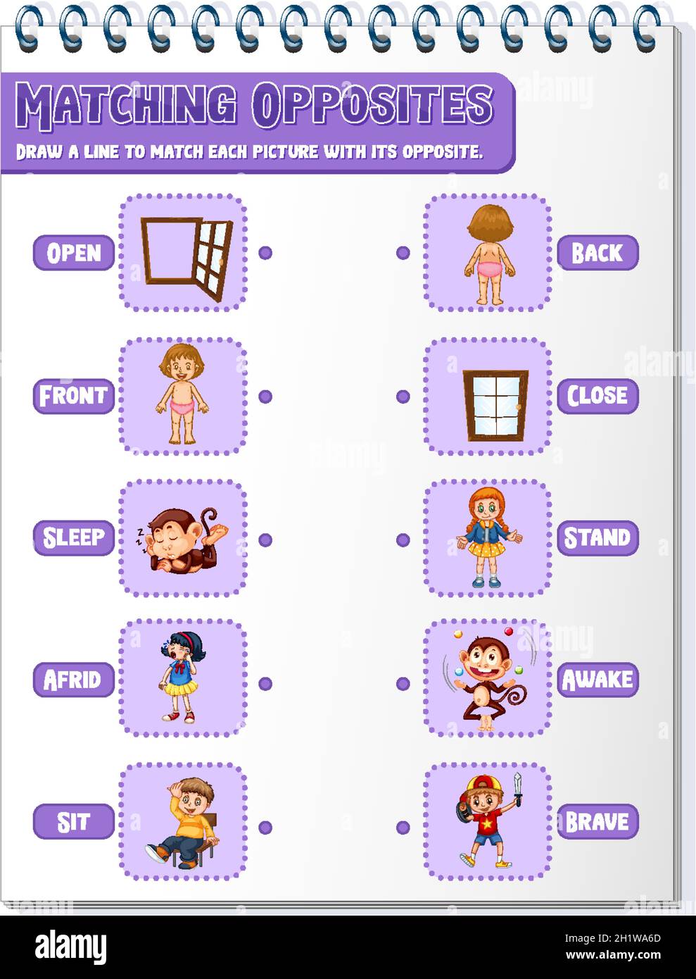 Matching opposite words worksheet template illustration Stock Vector ...