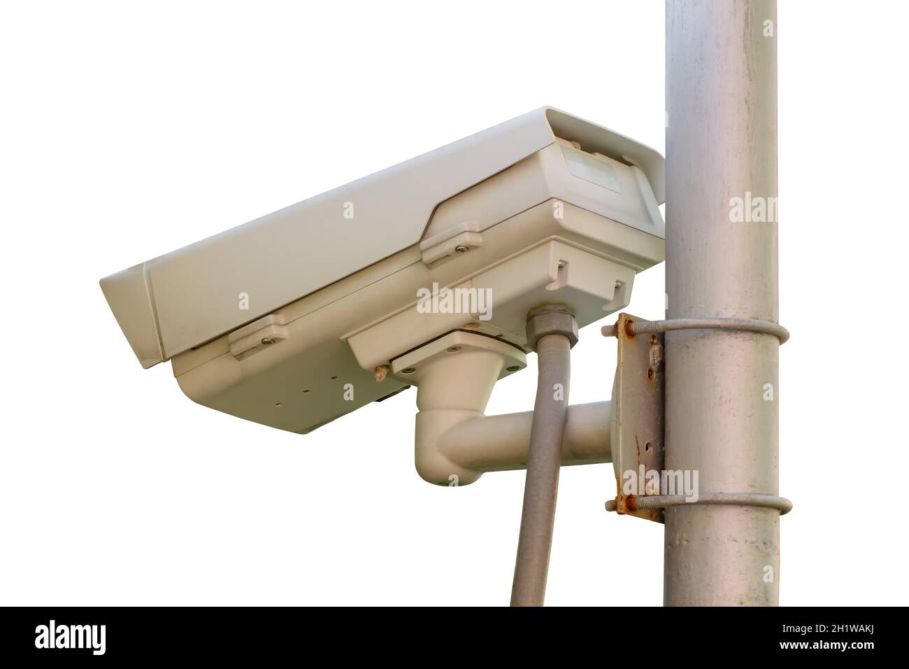 CCTV camera mounted on a steel pole on a white background Stock Photo ...