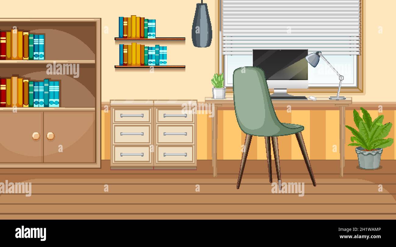 Workroom scene with computer on the table illustration Stock Vector ...