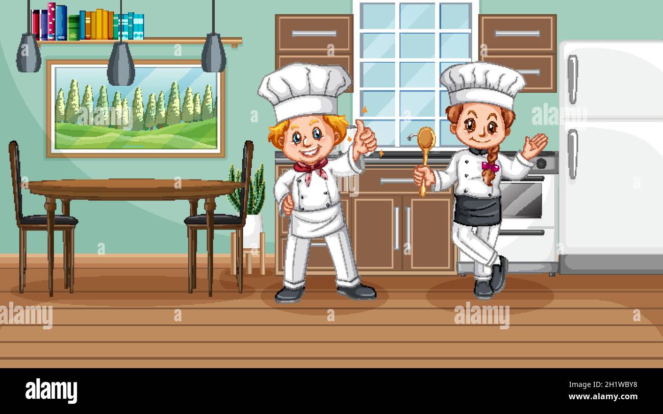 Kitchen scene with two chefs cartoon character illustration Stock ...