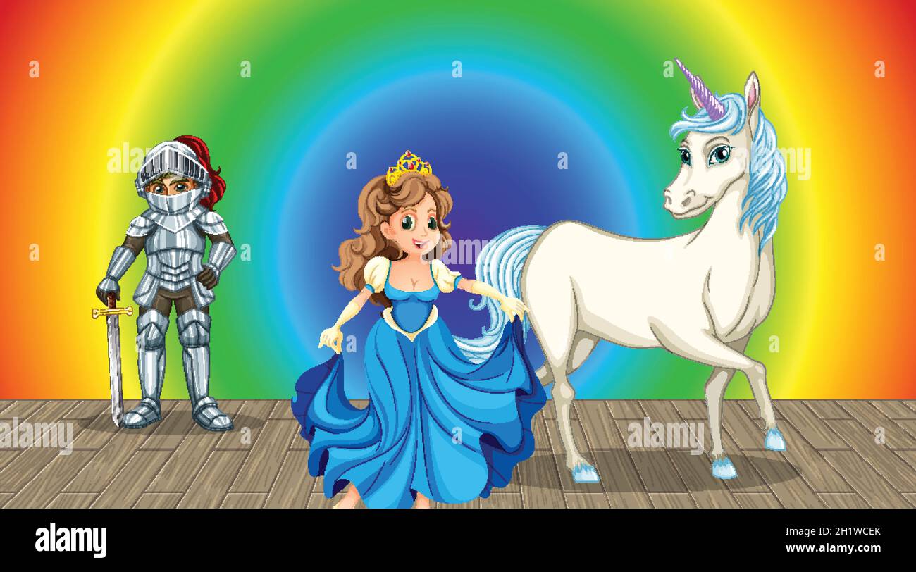 Princess and knight cartoon character on rainbow gradient background ...