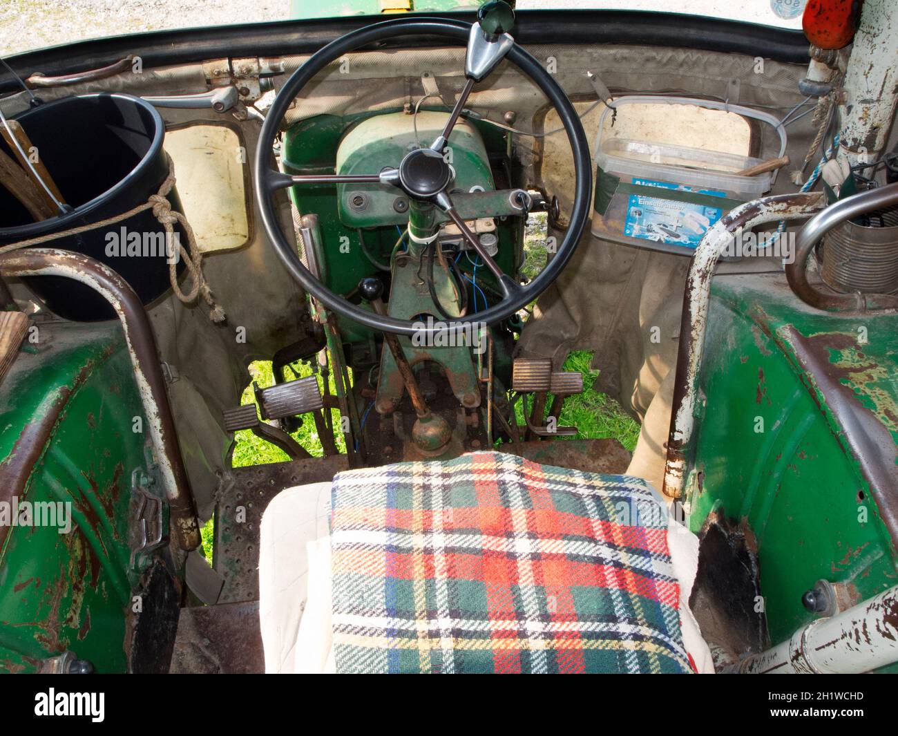 Interior view with a view through the windshield of a restored old ...