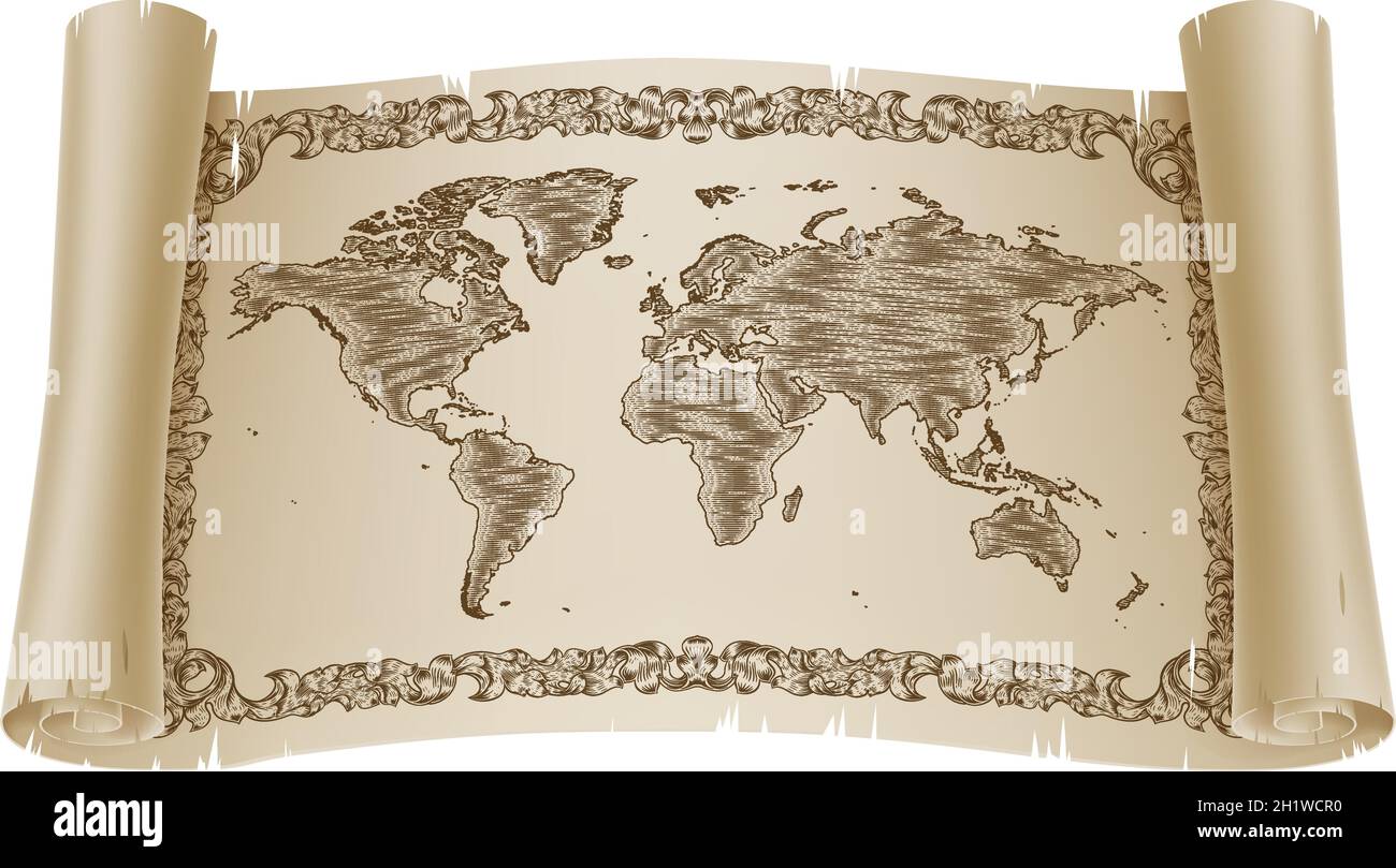 World Map Drawing Old Woodcut Engraved Scroll Stock Vector Image & Art ...