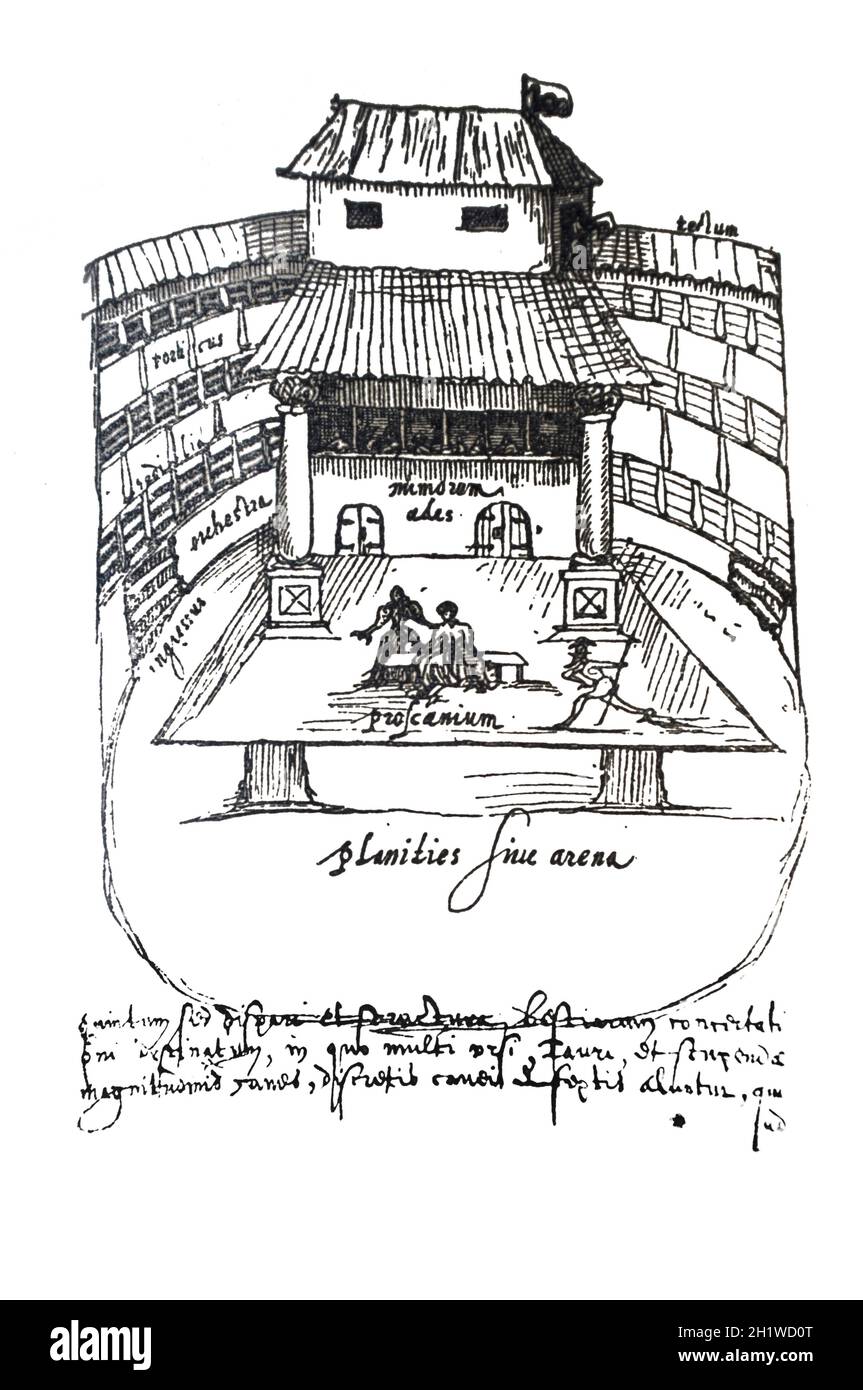 1595 sketch of a performance in progress on the stage of the Swan ...