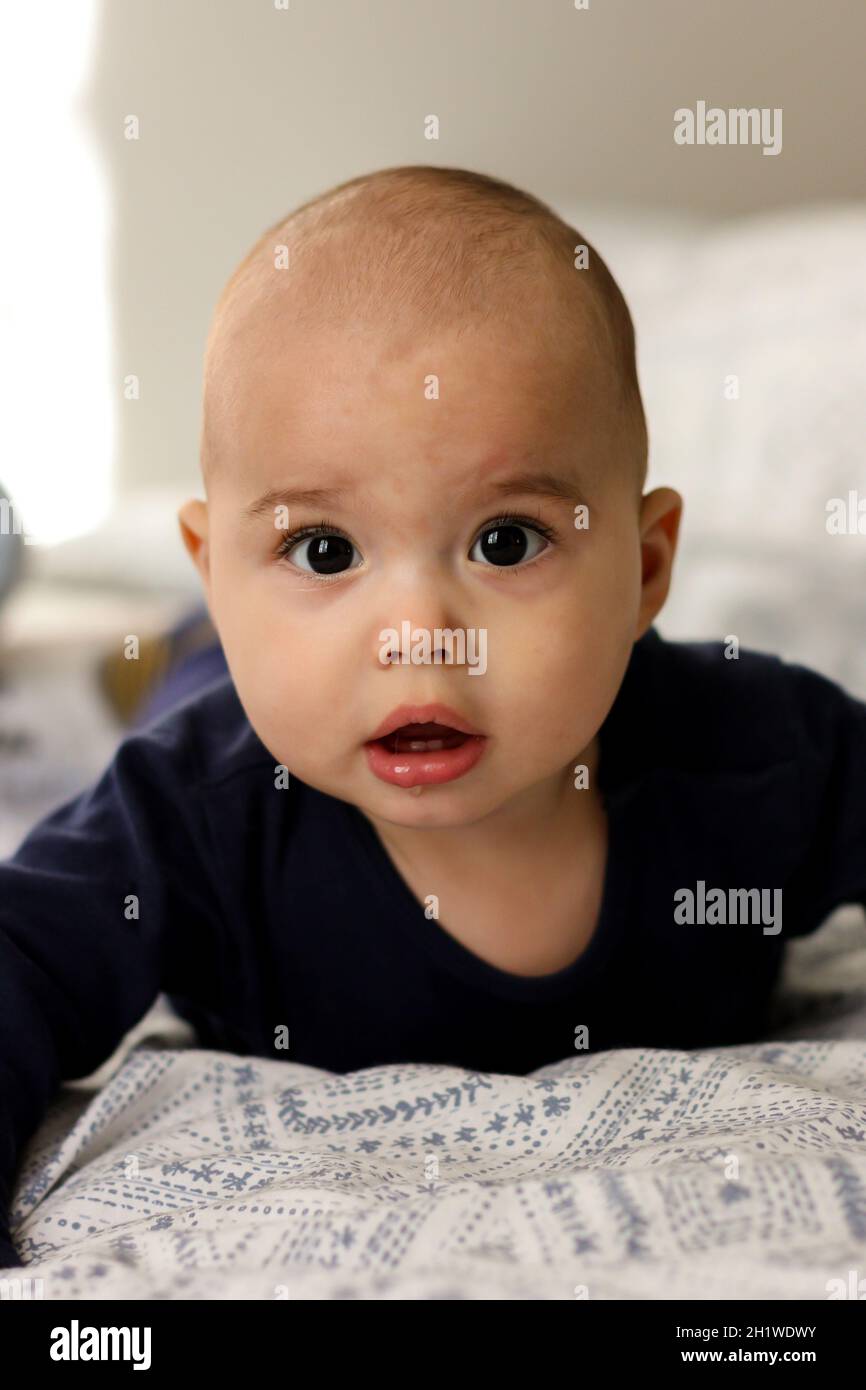 Sweet chubby cheeky baby lying on his tummy on the bed. Funny face ...