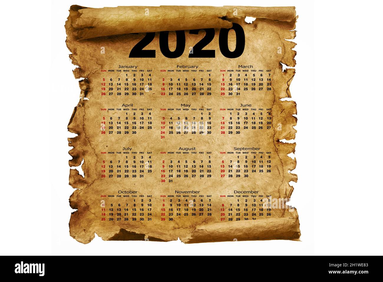 Calendar year 2020 on old paper on a white background. Week starts on ...