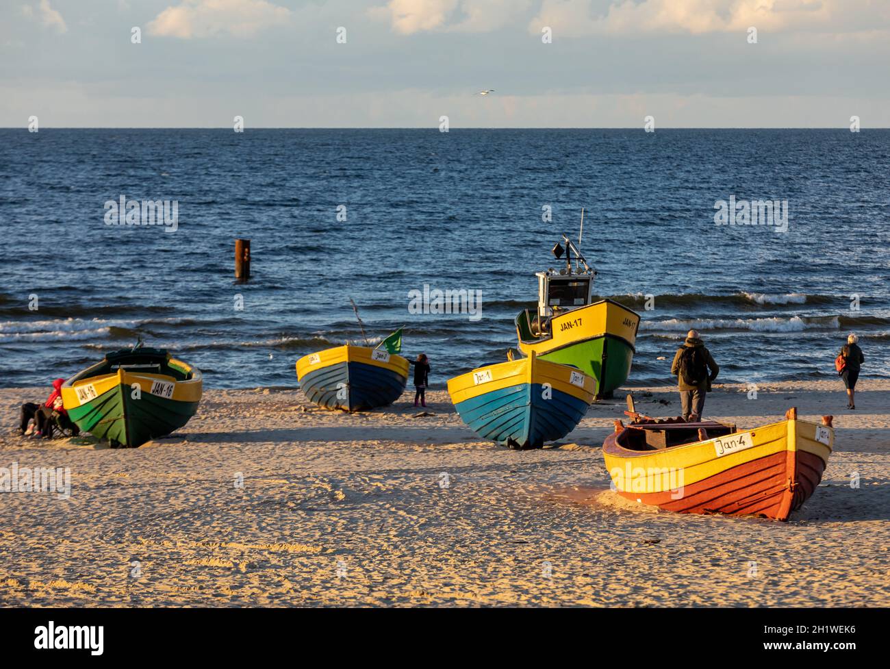 Jantar, Poland - September 7, 2020: Colorful fishing boats on the beach ...