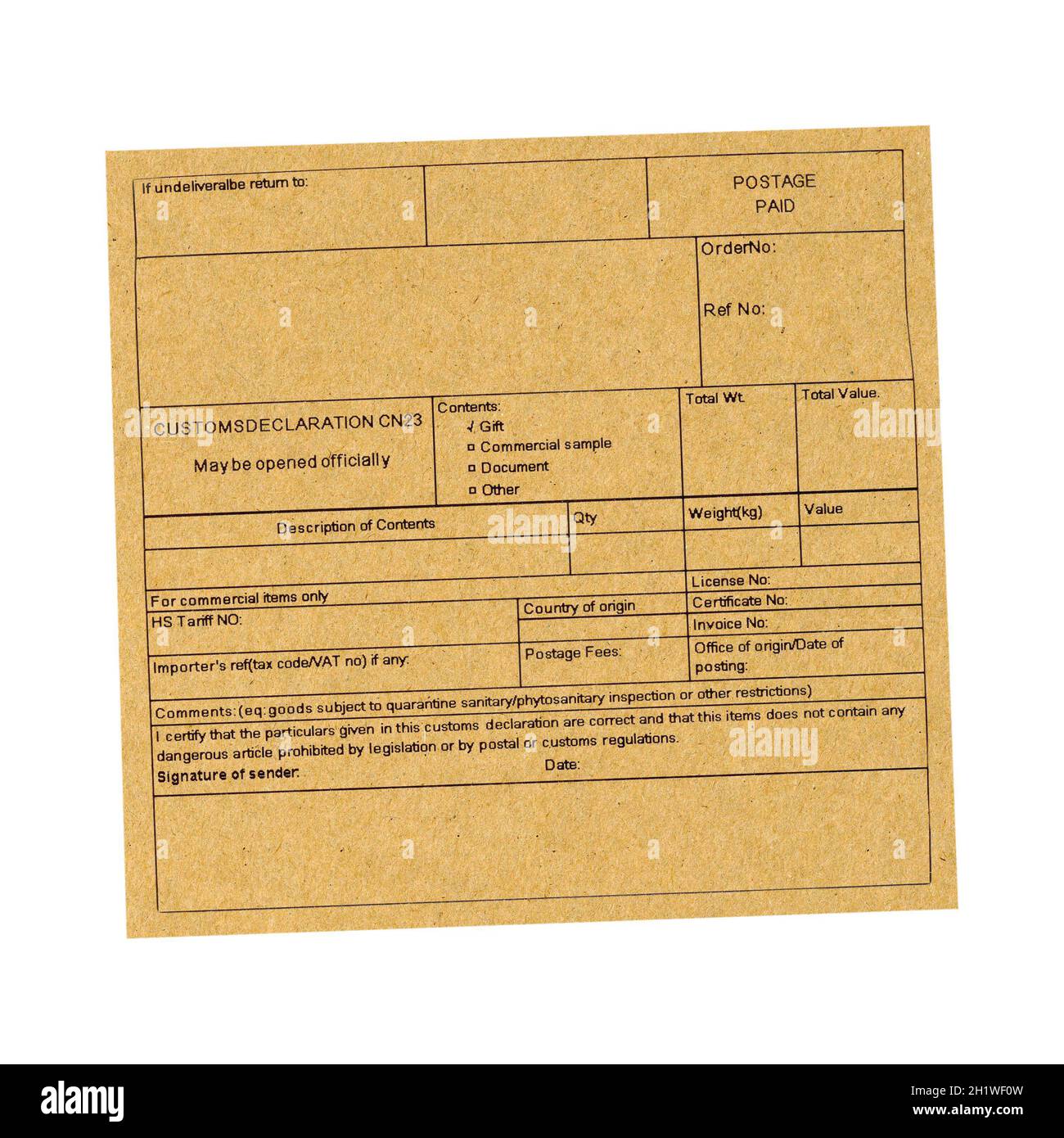 blank customs declaration label on a foreign packet parcel isolated ...