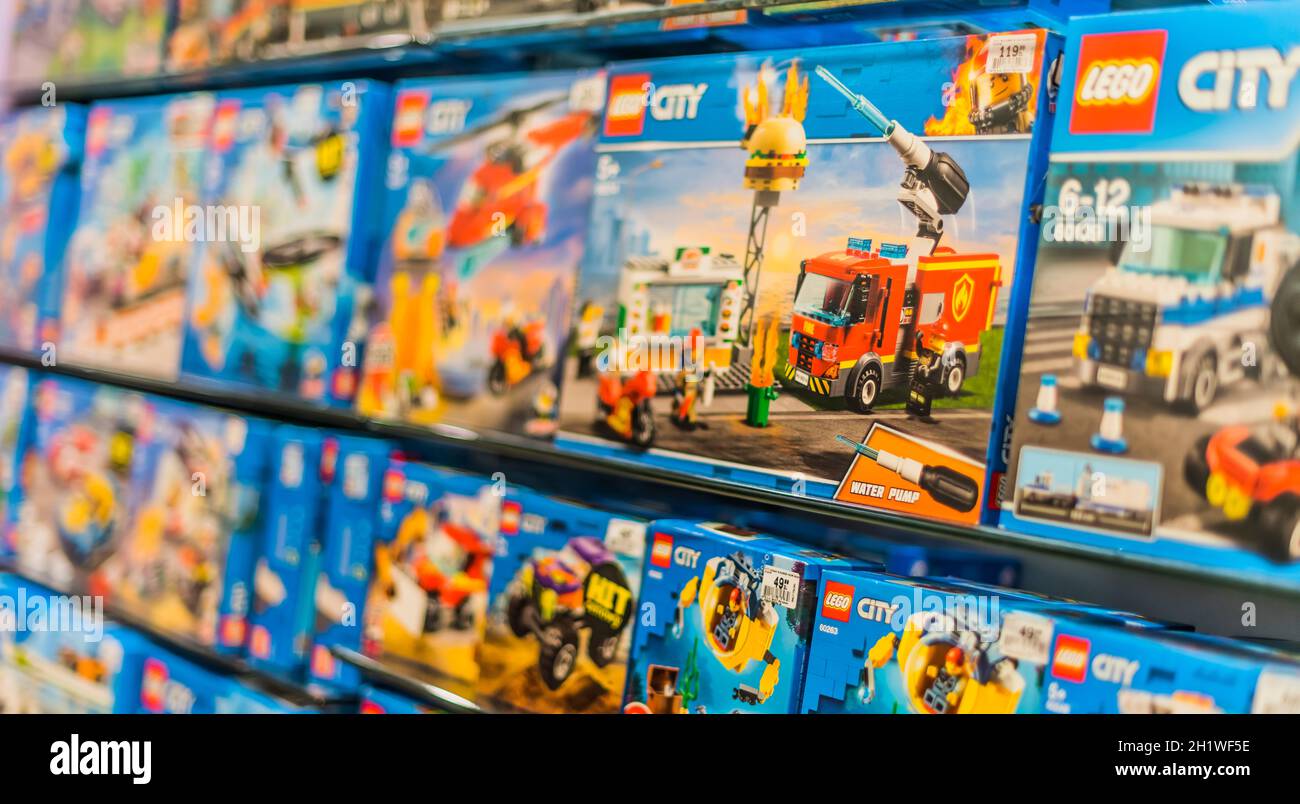 POZNAN, POL - JUN 17, 2021: Sets of Lego construction toys displayed on ...
