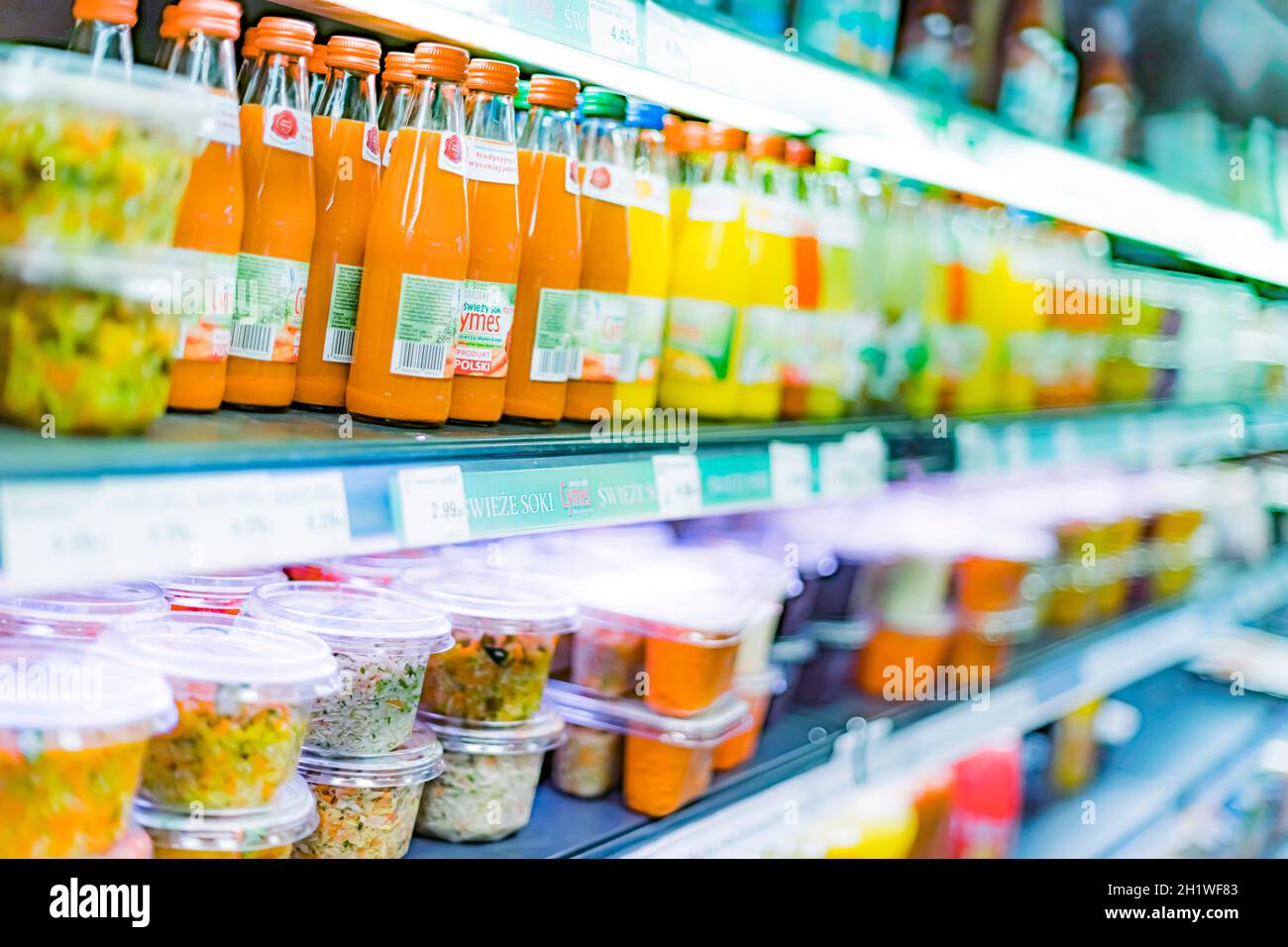 POZNAN, POL - JUN 22, 2021: Variety of cold drink products put up for ...