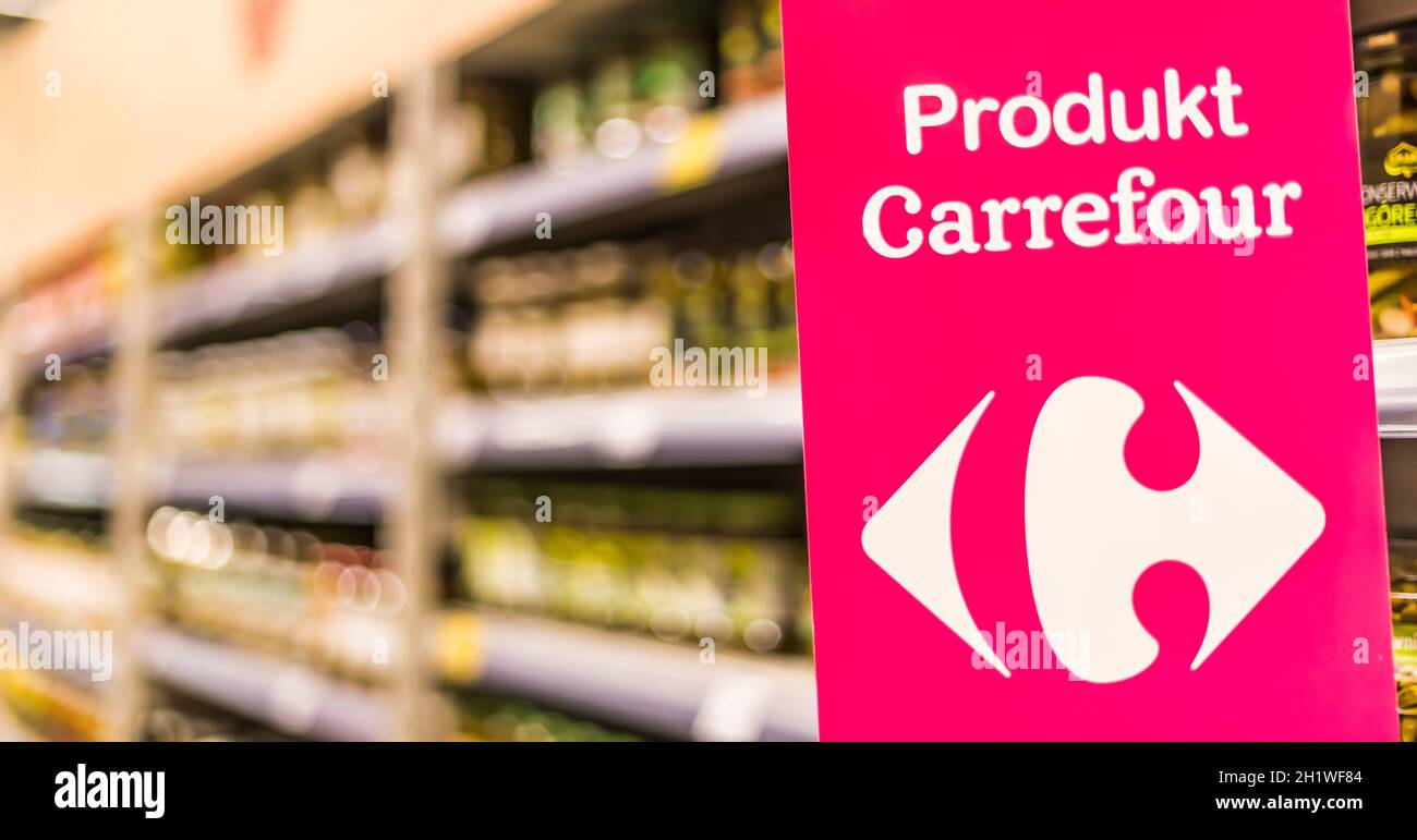 POZNAN, POL - JUN 17, 2021: Food products store shelf at Carrefour ...