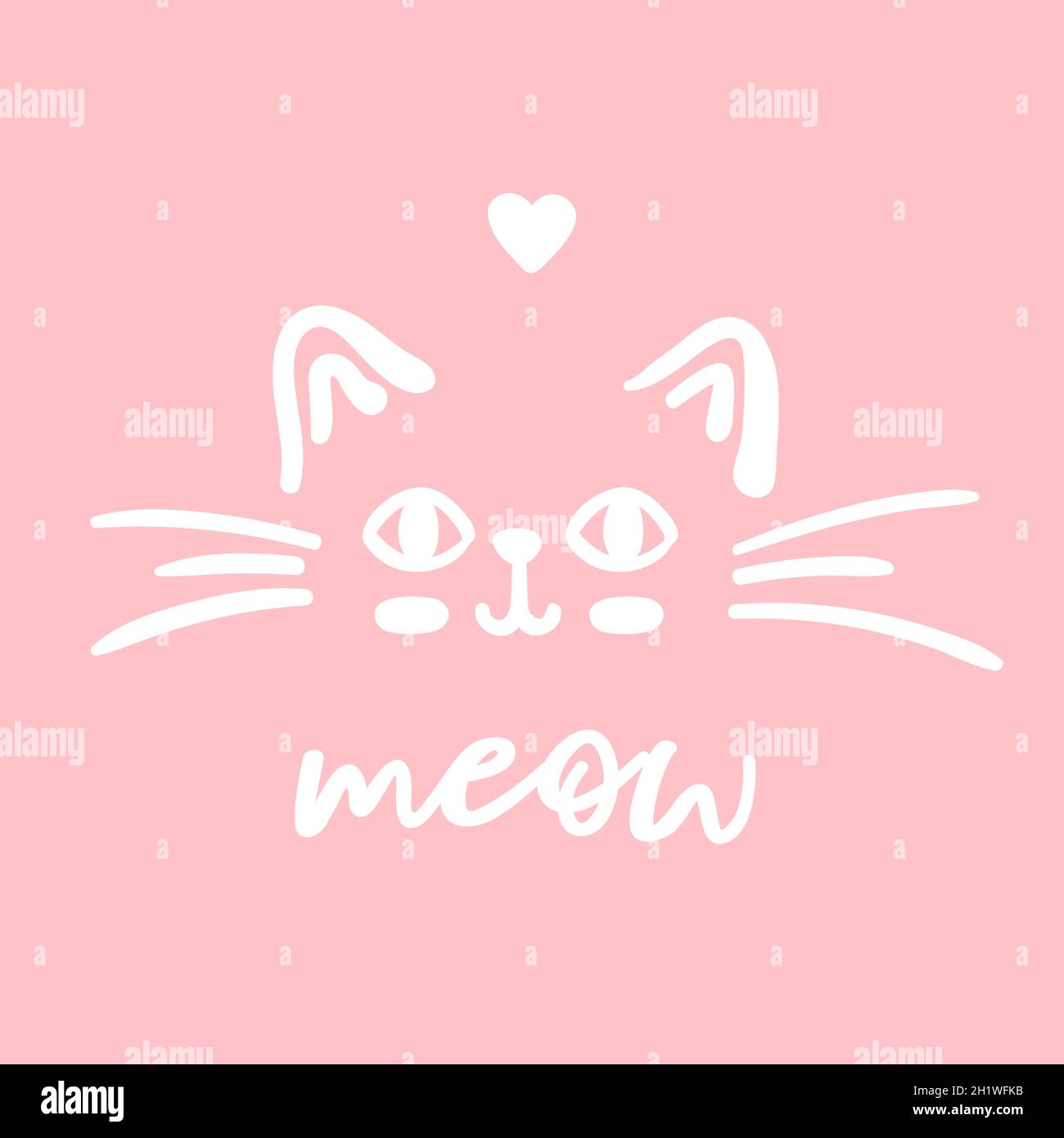 Cat cute face meow vector doodle illustration isolated on pink ...
