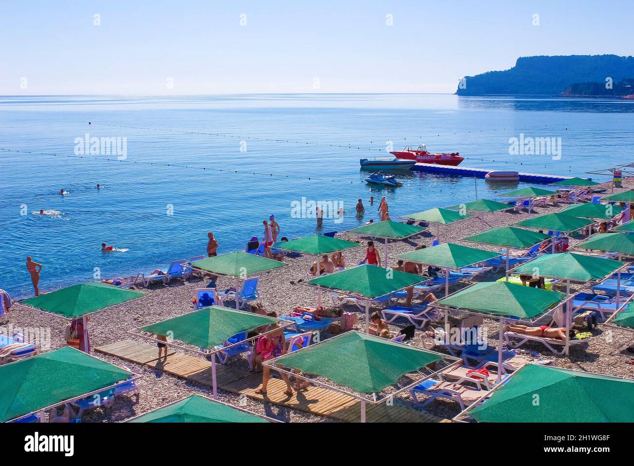 Kemer, Antalya, Turkey - May 11, 2021: Panorama of beach at first line ...